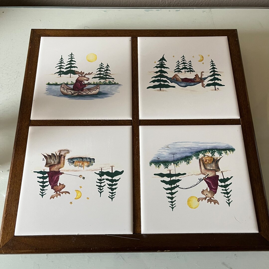 Northwoods Themed Revolving Lazy Susan / Moose Tiled Rotating Table Top ...