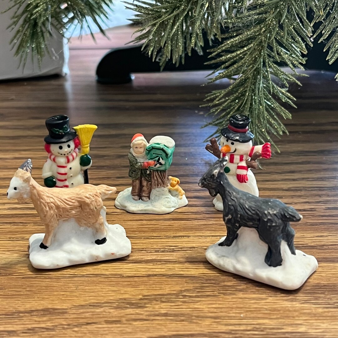 5 Small Christmas Village Accessories, Miniature Snowmen, Tan and Black ...