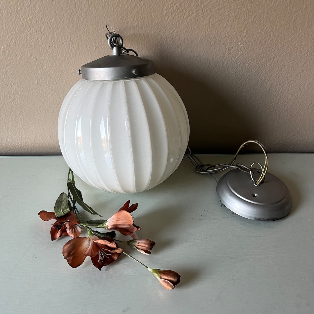Hanging Globe Light Fixture / Vintage White Pendant Swag Fixture ...