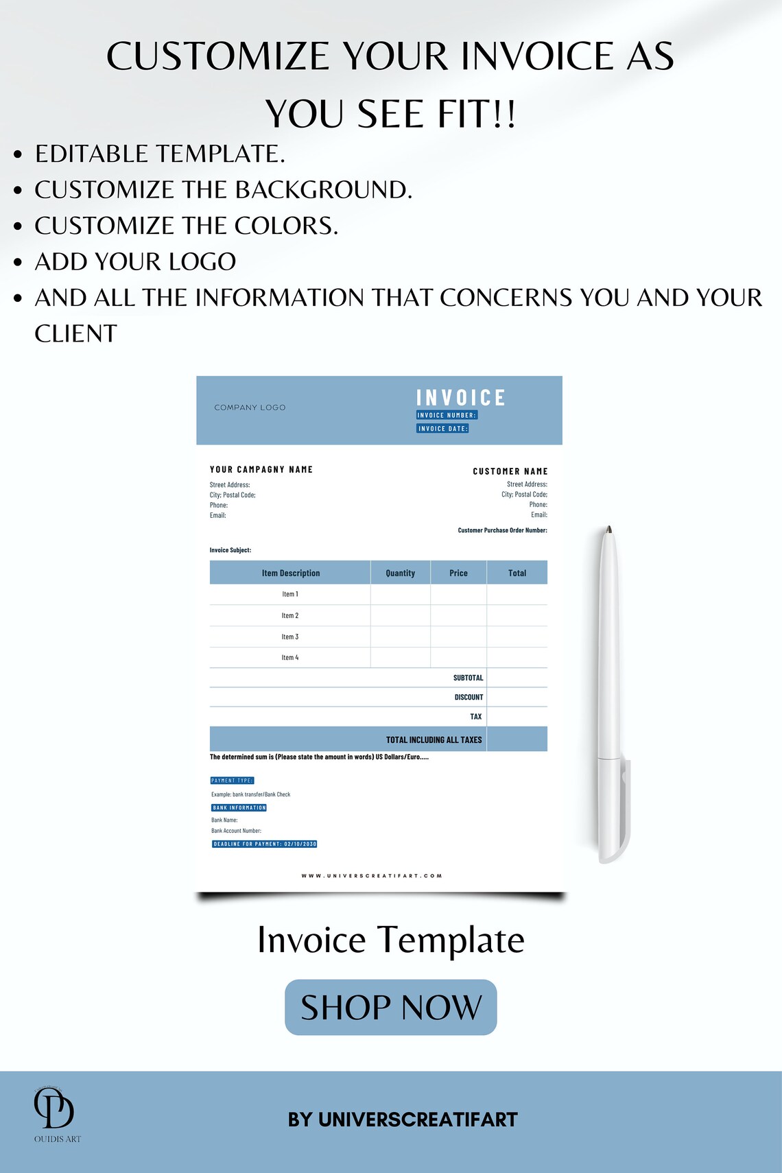 Minimalist Invoice Template, Professional Invoice Template, Billing ...