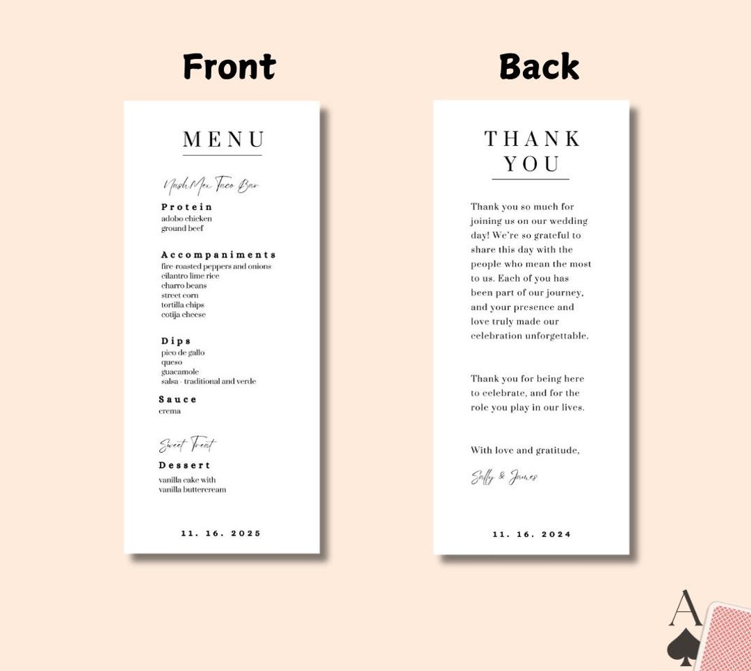 Event Menu & Thank You Note Template (printable PDF, 4x9.25") - Etsy