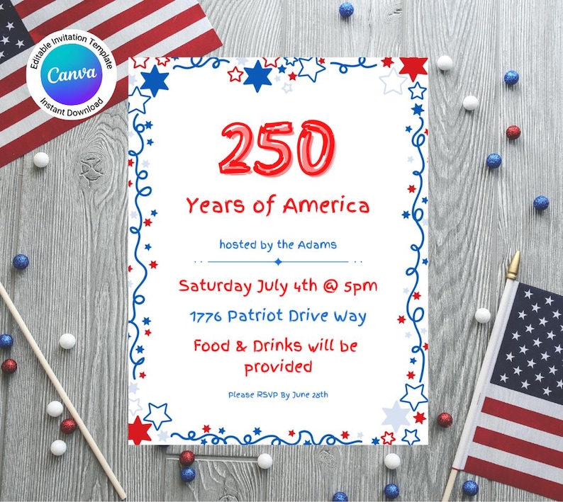 250th America Birthday Invitation Template | Patriotic Fourth of July ...