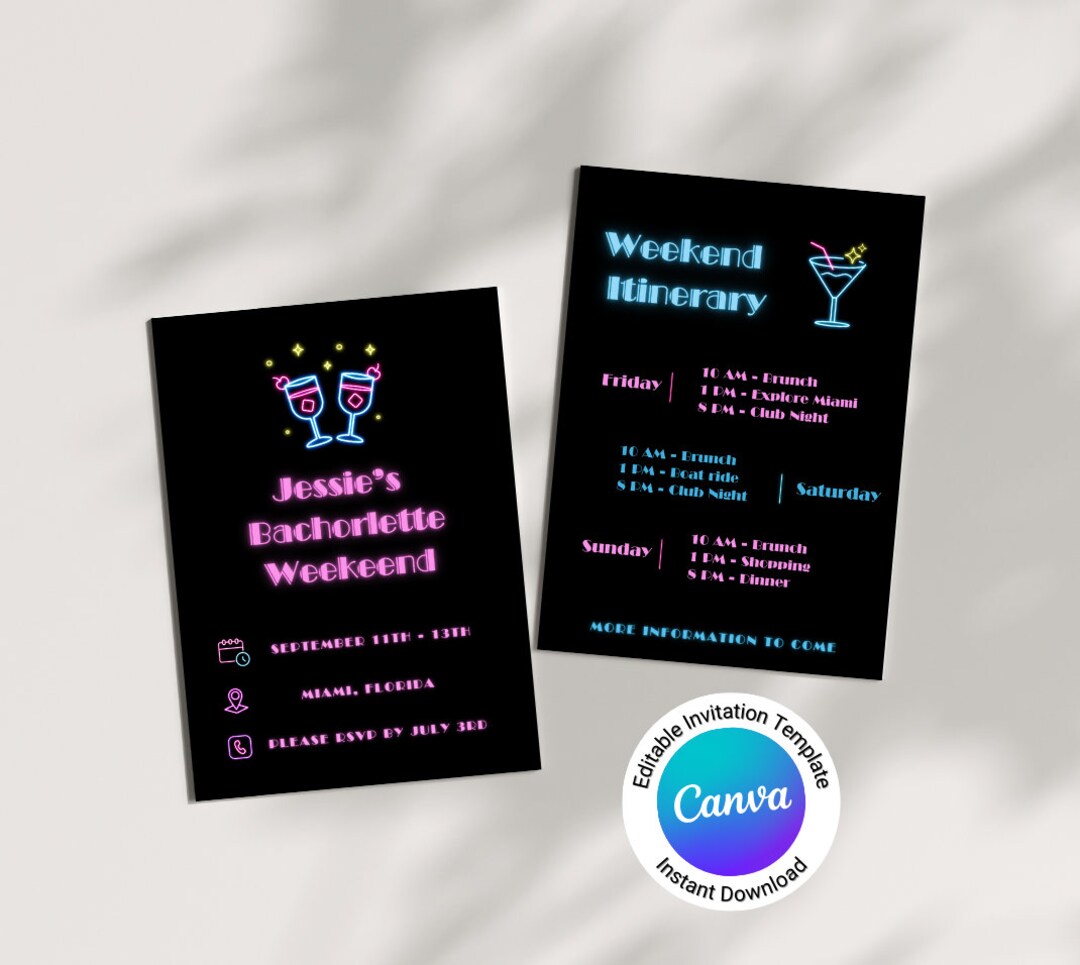 Miami Bachelorette Party Invitation Template – Neon Editable Canva ...