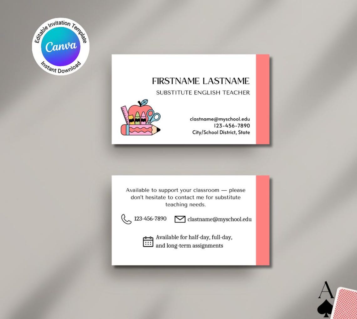Editable Substitute Teacher Business Card Template | Canva Contact Card ...