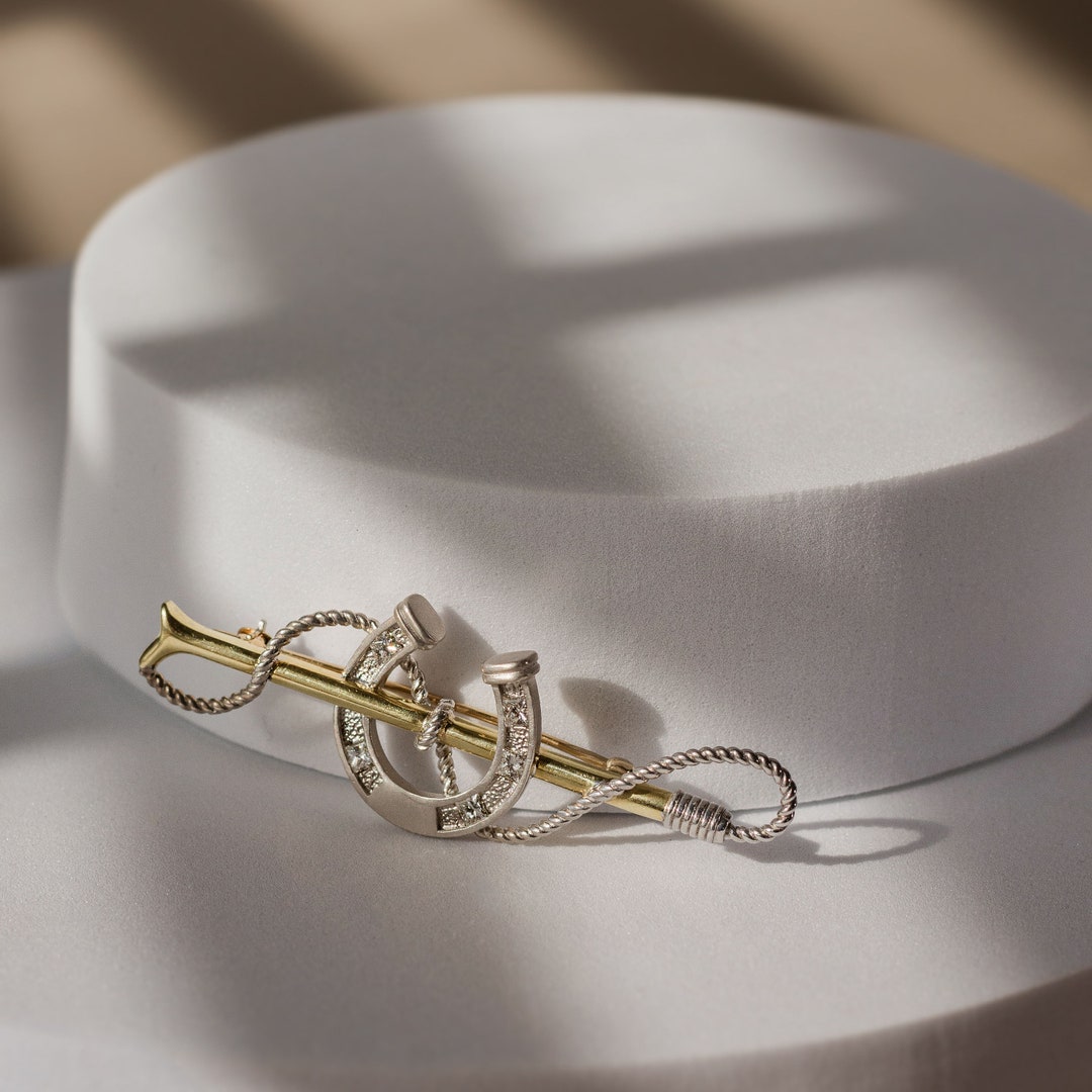 Fox Hunting Stock Pin in 18k Gold and Diamonds, Brooch, Equestrian ...