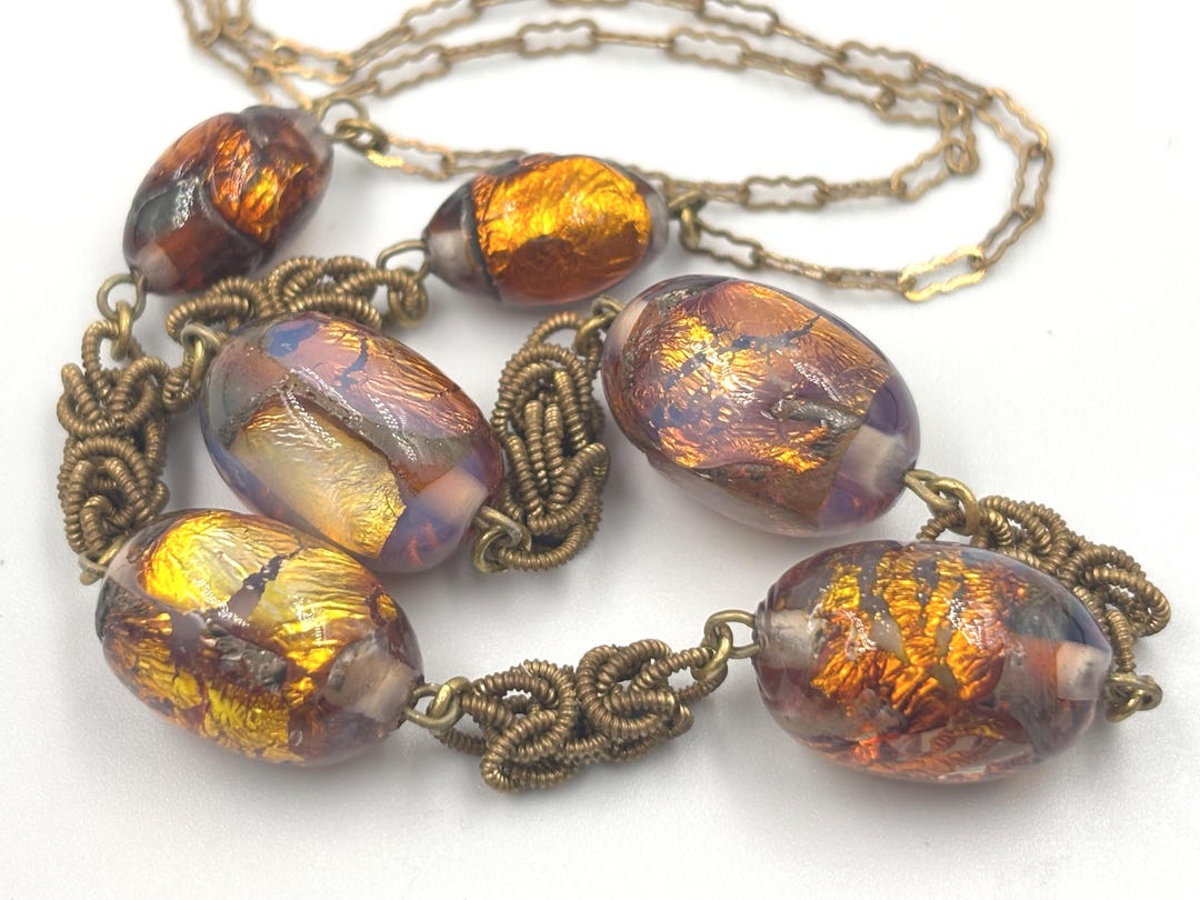 Early Vintage Opalescent Dragons Breath Foil Glass Bead Metal Work ...