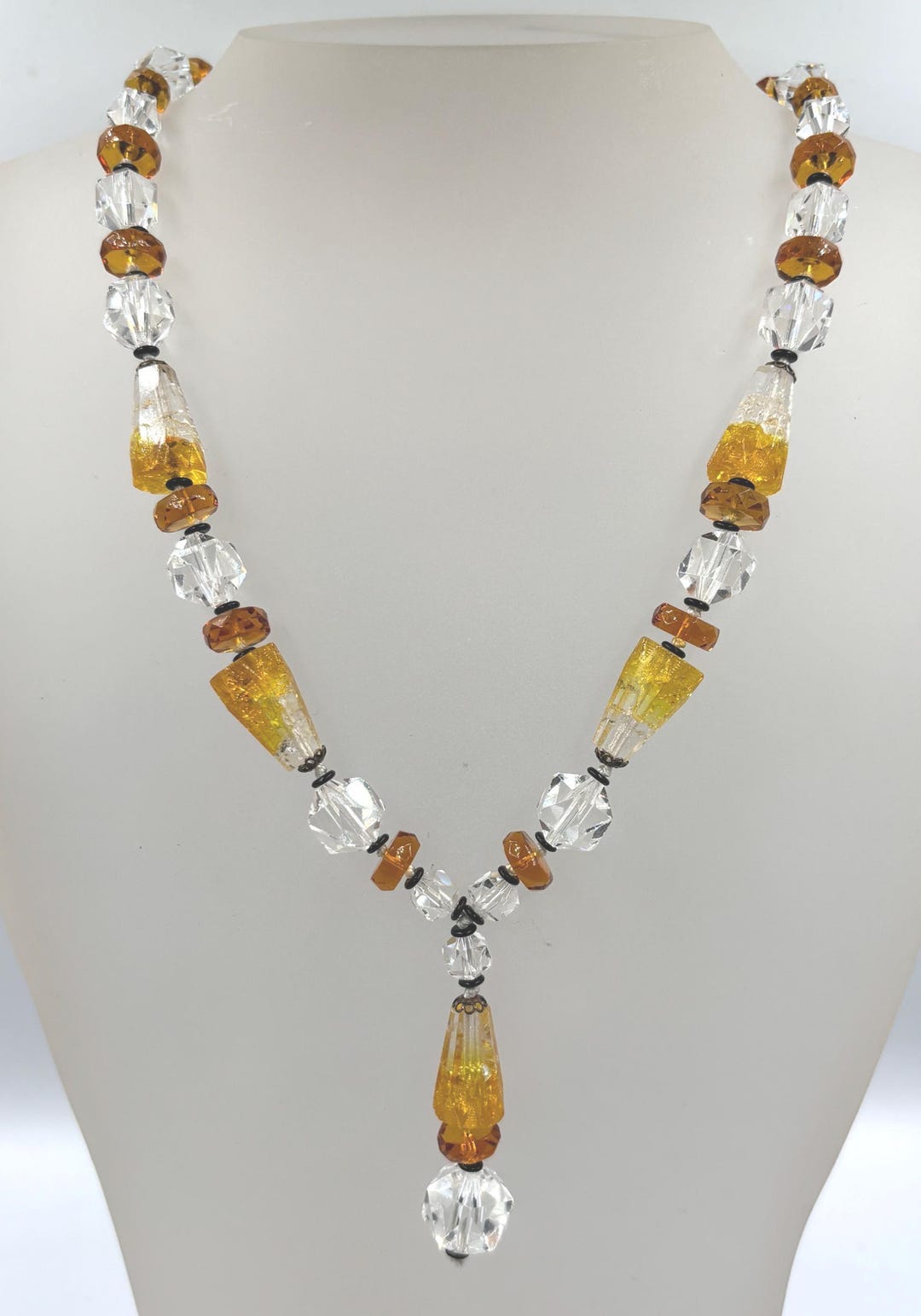 Art Deco Yellow Cadmium Amber Glass & Crystal Bead Restrung Hand ...