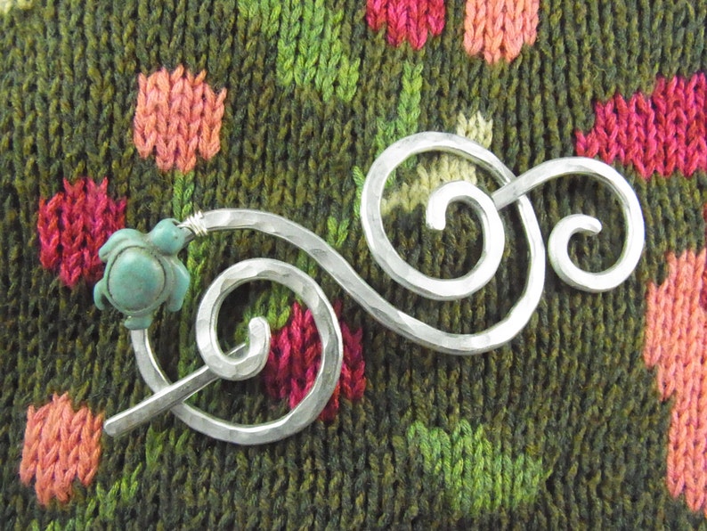Shawl Brooch/slice/pin/clasp Silver Double Spiral With Turquoise Turtle ...
