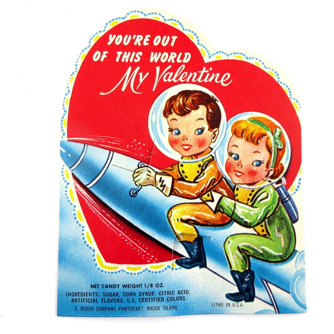 Vintage Valentine Card With Boy and Girl Astronauts Space Travel Rocket ...