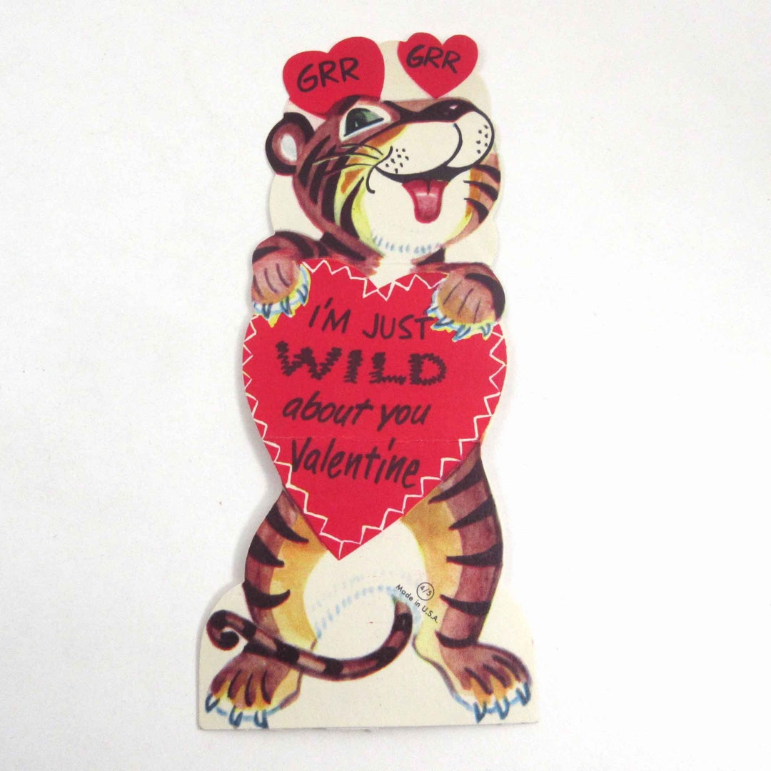 Vintage Children's Valentine Card With Cute Tiger Holding Heart Wild ...