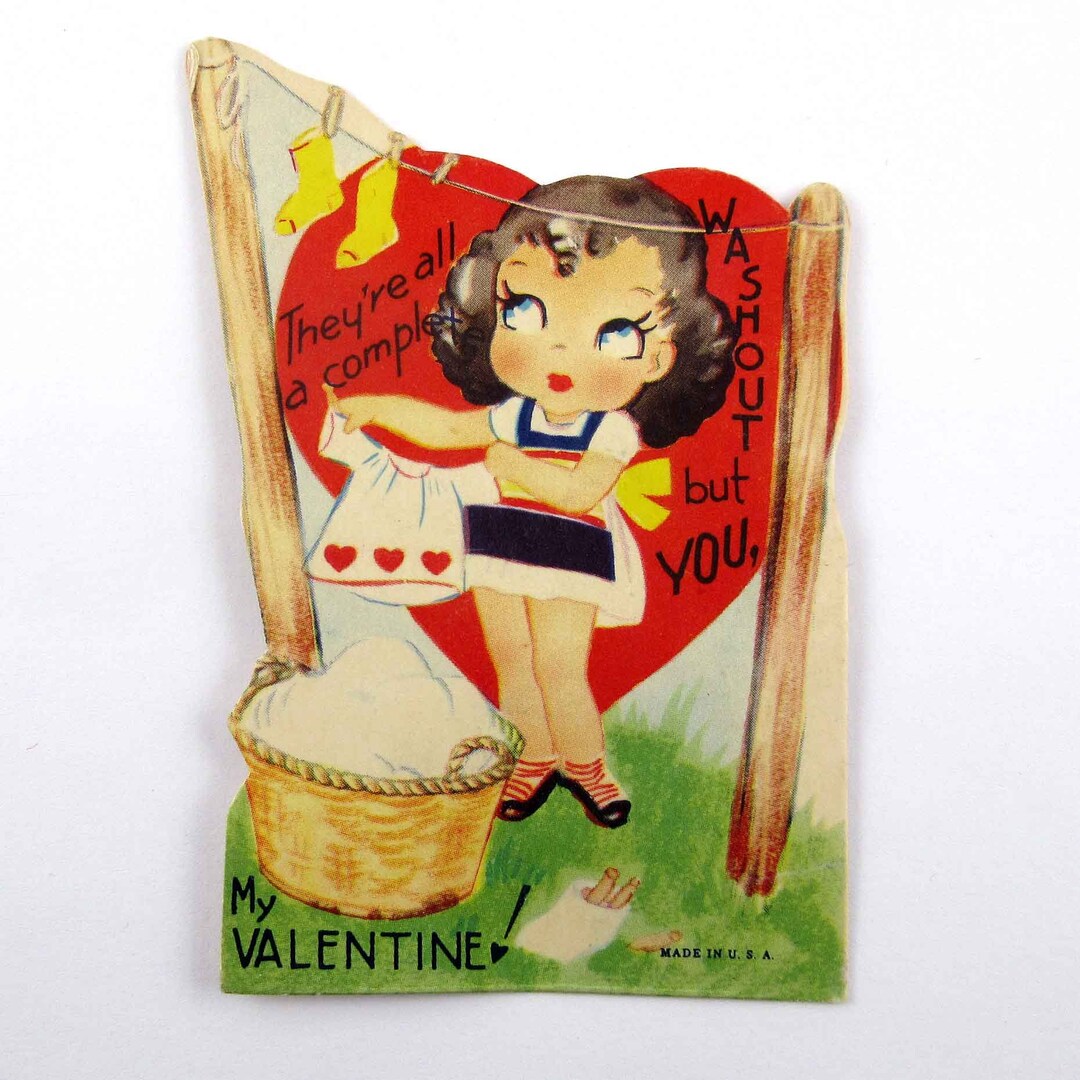 Vintage Children's Valentine Card With Cute Girl Hanging Laundry on ...