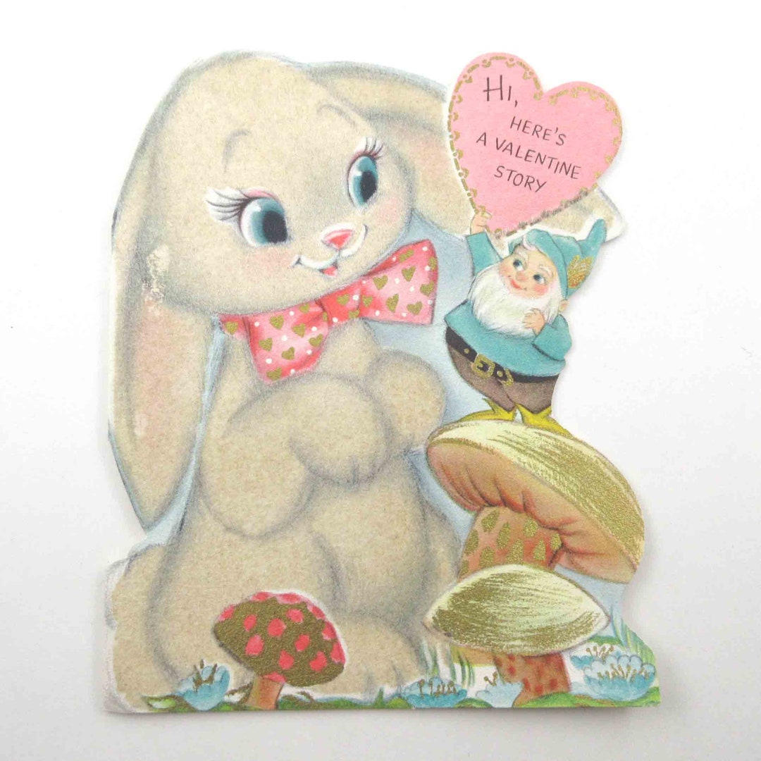 Vintage Children's Flocked Valentine Card With Cute Rabbit or Bunny Elf ...