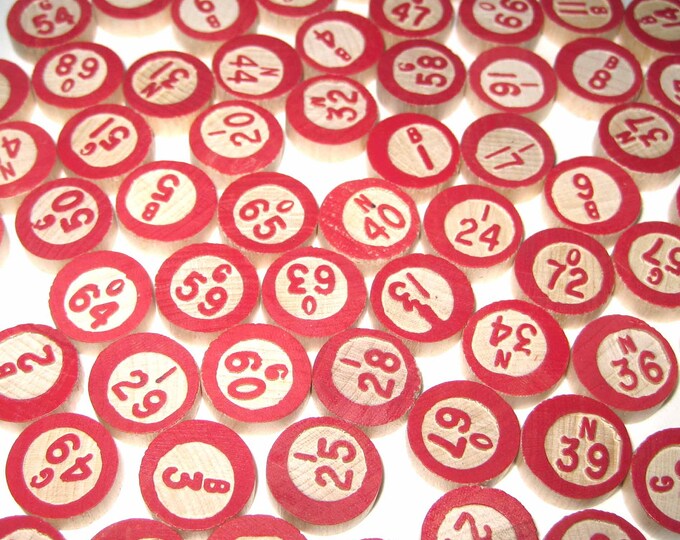 Vintage Wooden Bingo Game Pieces With Red Numbers and Letters Lot of 72 ...
