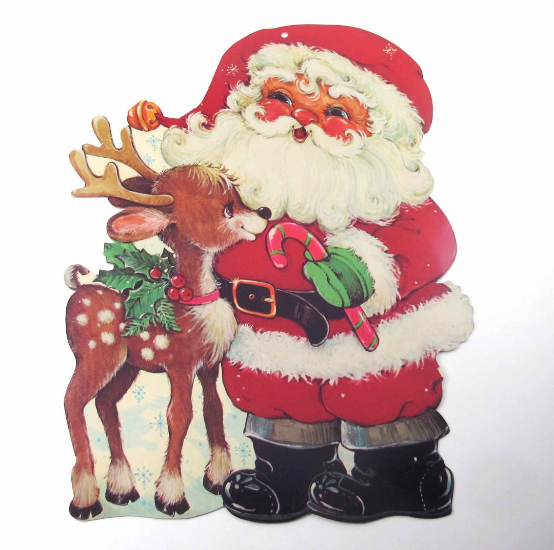 Vintage Large Christmas Die Cut Santa Claus With Deer Reindeer - Etsy