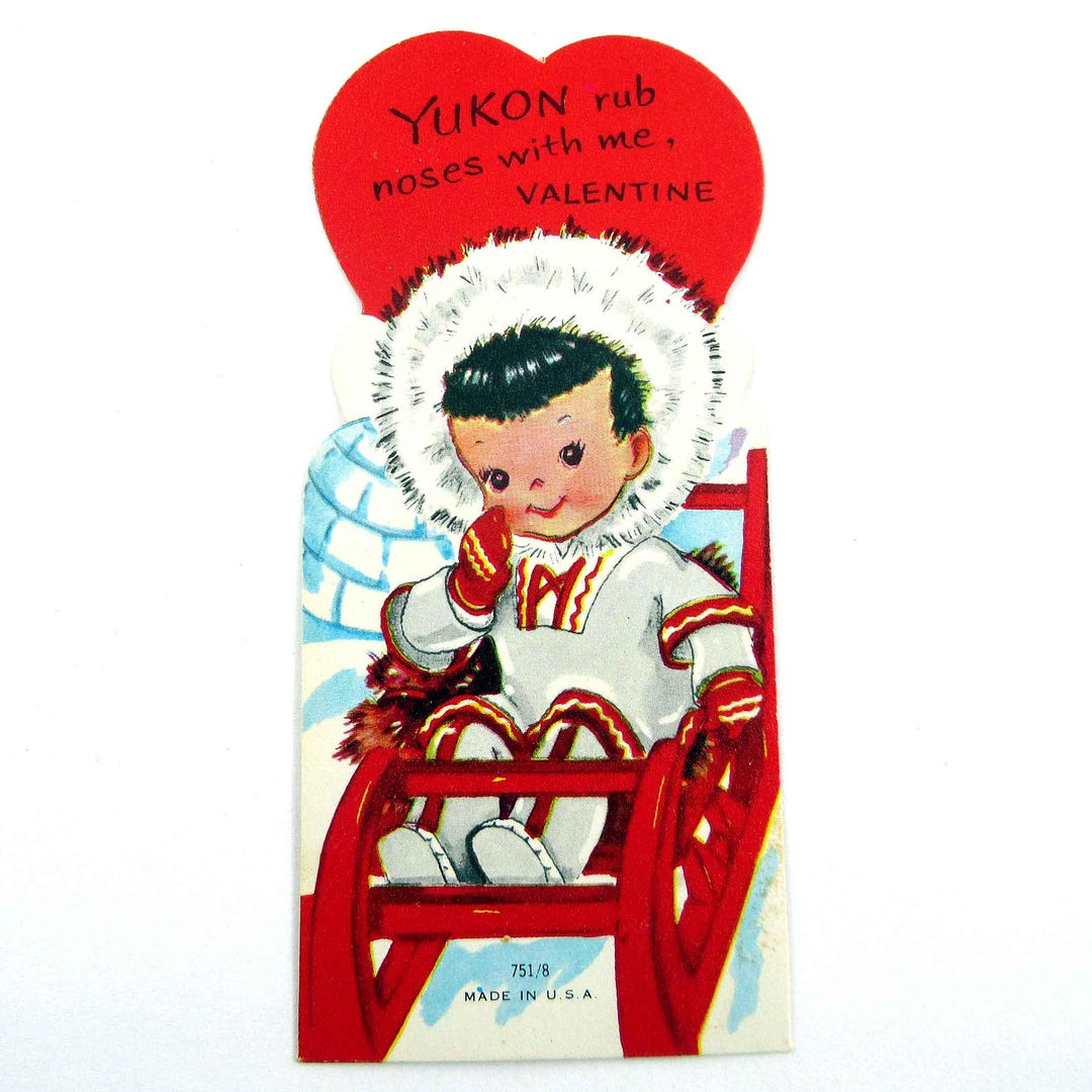 Vintage Children's Valentine Card With Cute Eskimo Girl in Sleigh Igloo ...