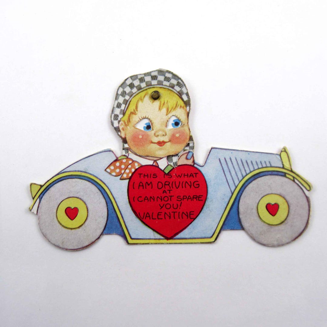 Vintage 1930s Mechanical Children's Valentine Card With Boy in Blue Car ...
