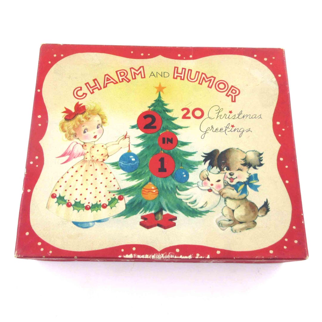 Vintage Christmas Cardboard Card Box With Cute Angel Girl Tree Dog ...