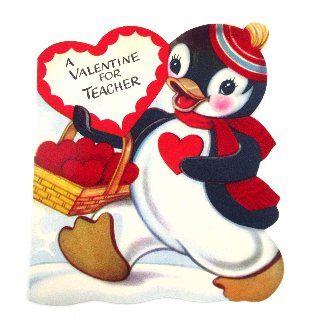 Vintage Flocked Children's Valentine Greeting Card With Cute Penguin ...