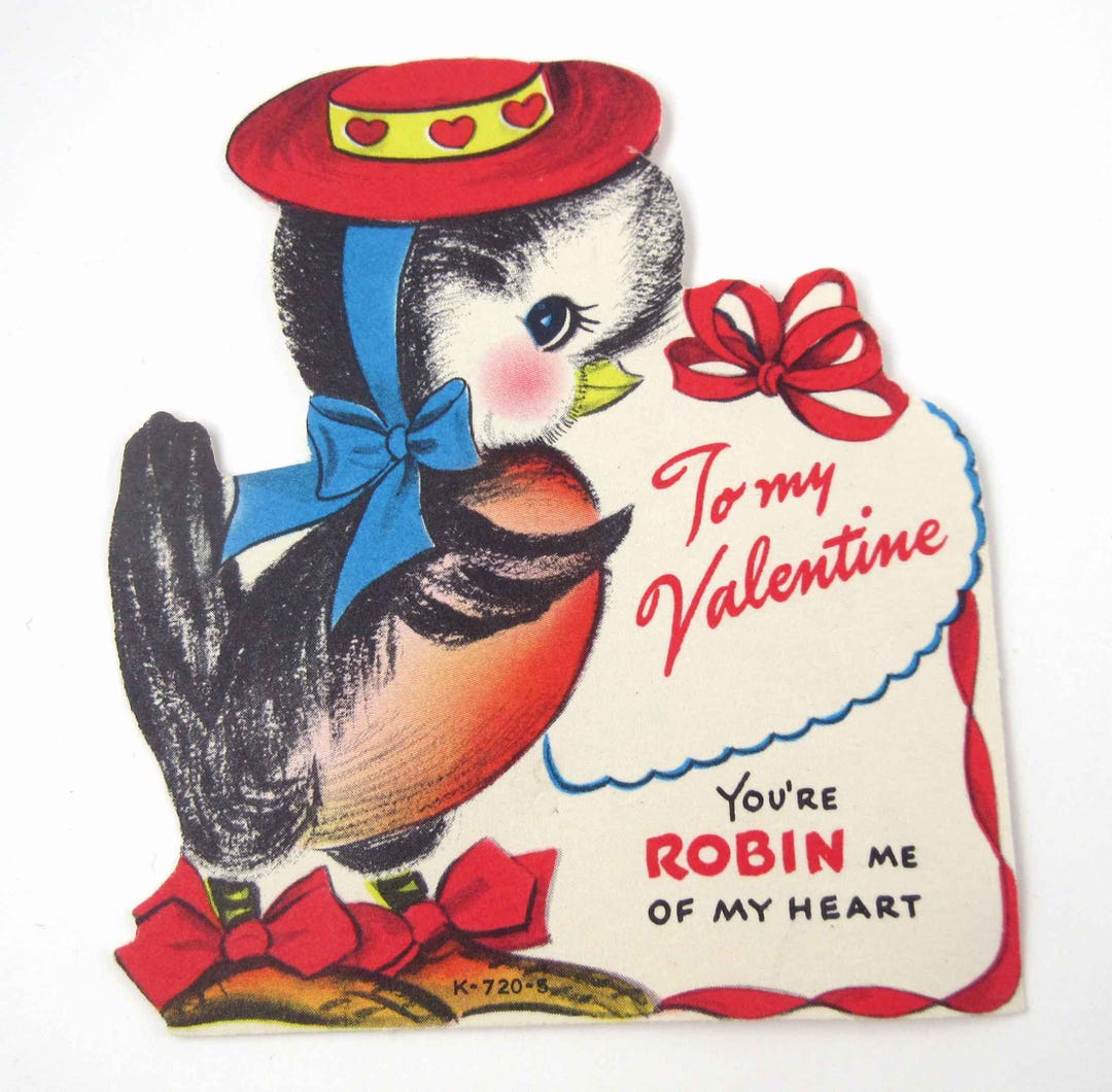 Vintage Children's Valentine Card With Cute Robin Bird in Red Hat Bows ...