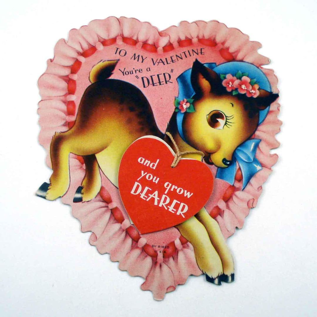 Vintage Children's Die Cut Valentine Card With Cute Brown Deer in Blue ...