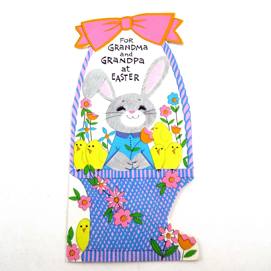 Vintage 1960s Easter Card With Cute Bunny Rabbit and Chicks in Basket ...