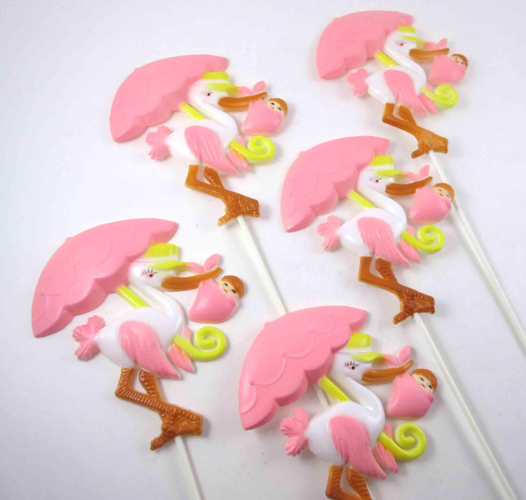 Vintage Plastic Stork Floral Pick With Baby Girl in Diaper Umbrella Set ...