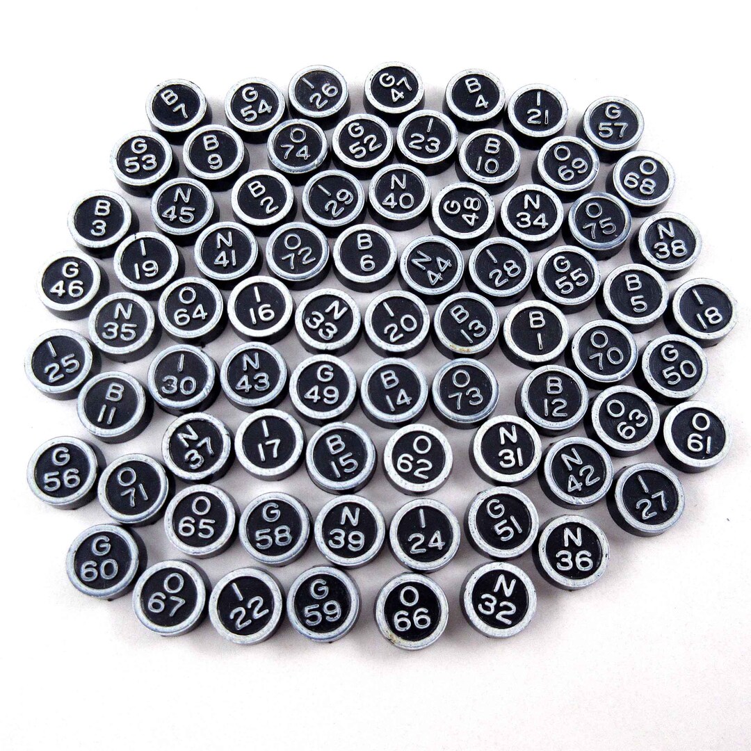 Vintage Black Plastic Bingo Game Pieces With White Numbers and Letters ...