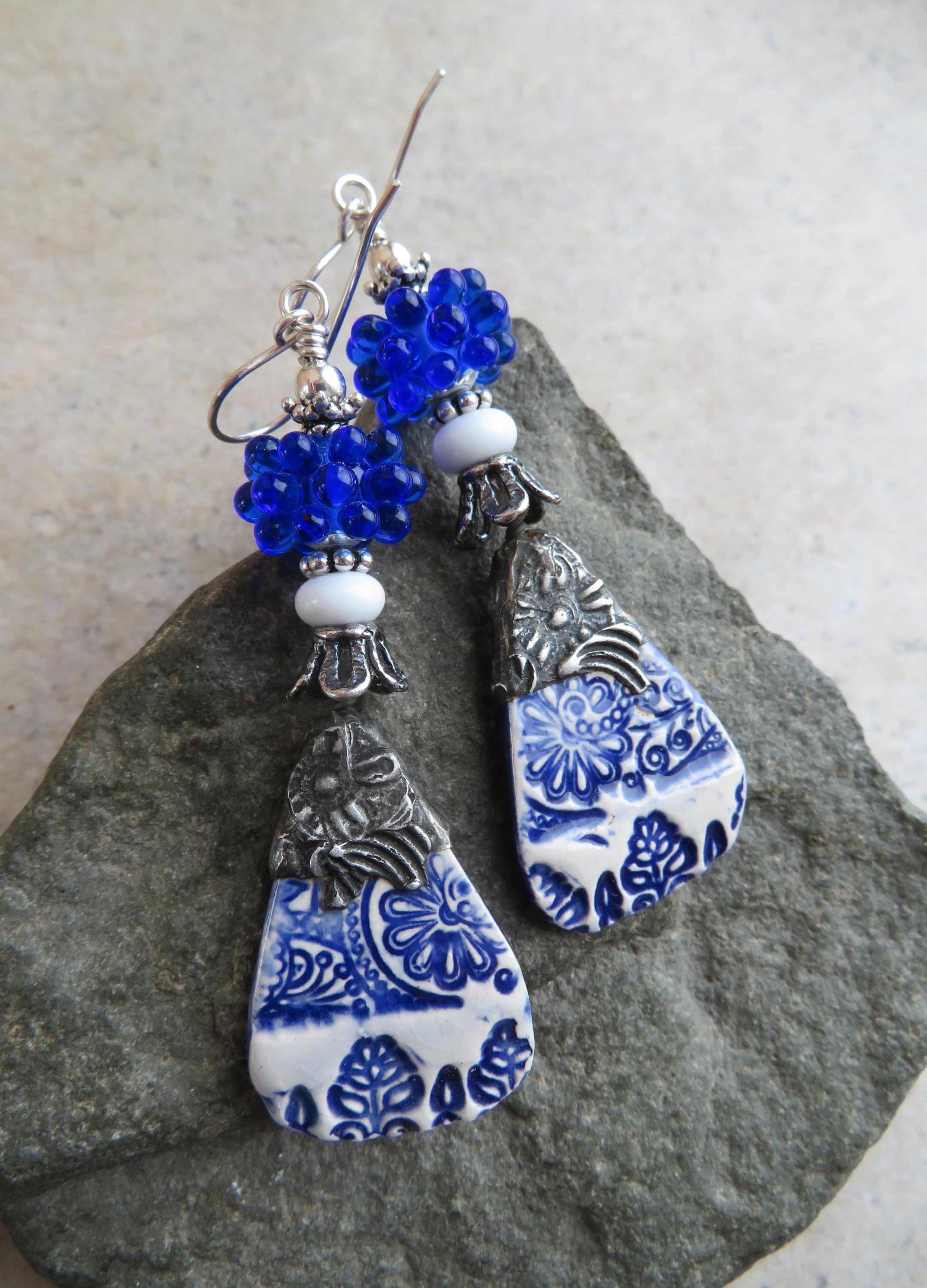 Delft Pottery ... Artisan Porcelain and Glass Lampwork Earrings. Cobalt ...