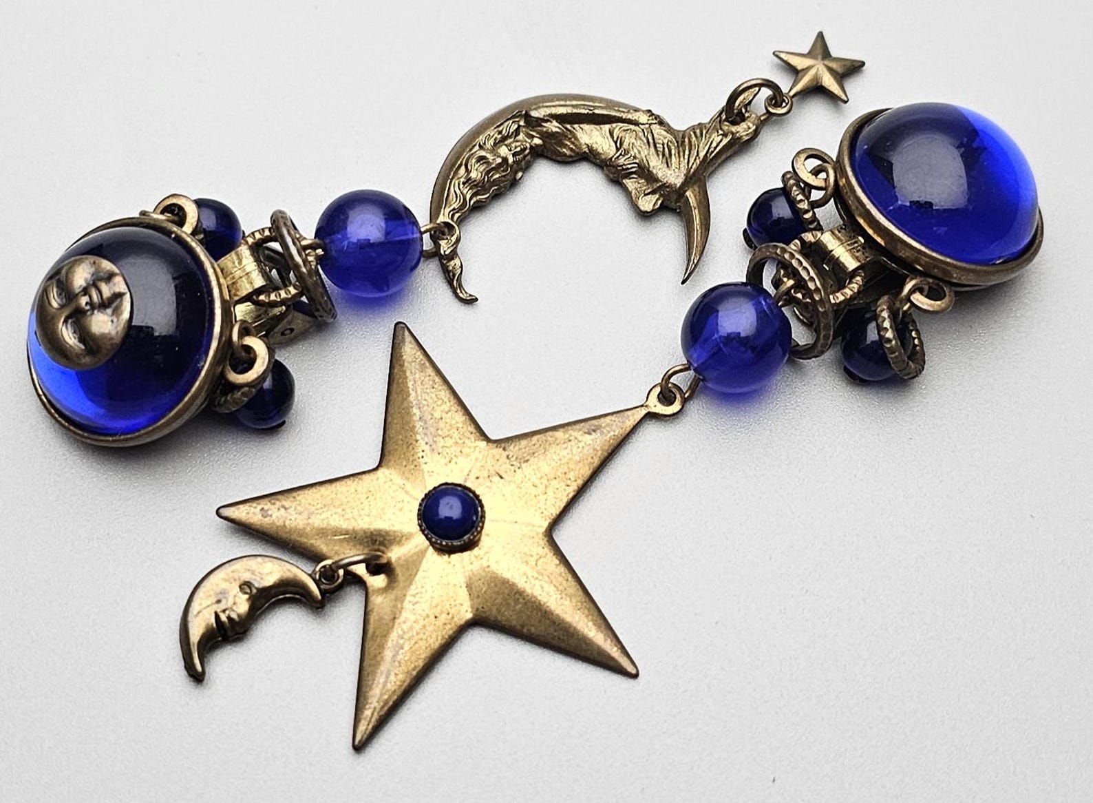 Cobal Blue Carbochon 1970s, Moon Star Dangle Clip Earings. - Etsy