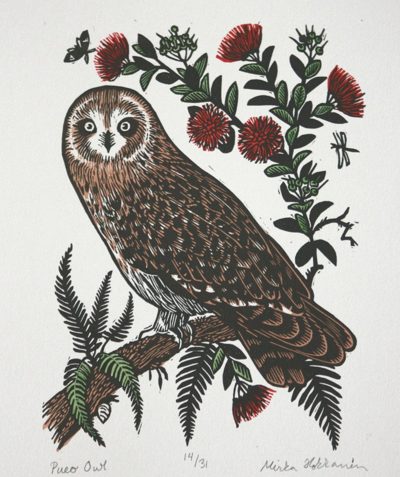 Owl Linocut. Pueo Owl Print. Pueo Owl Decor. Owl Art. Owl Gift | Etsy
