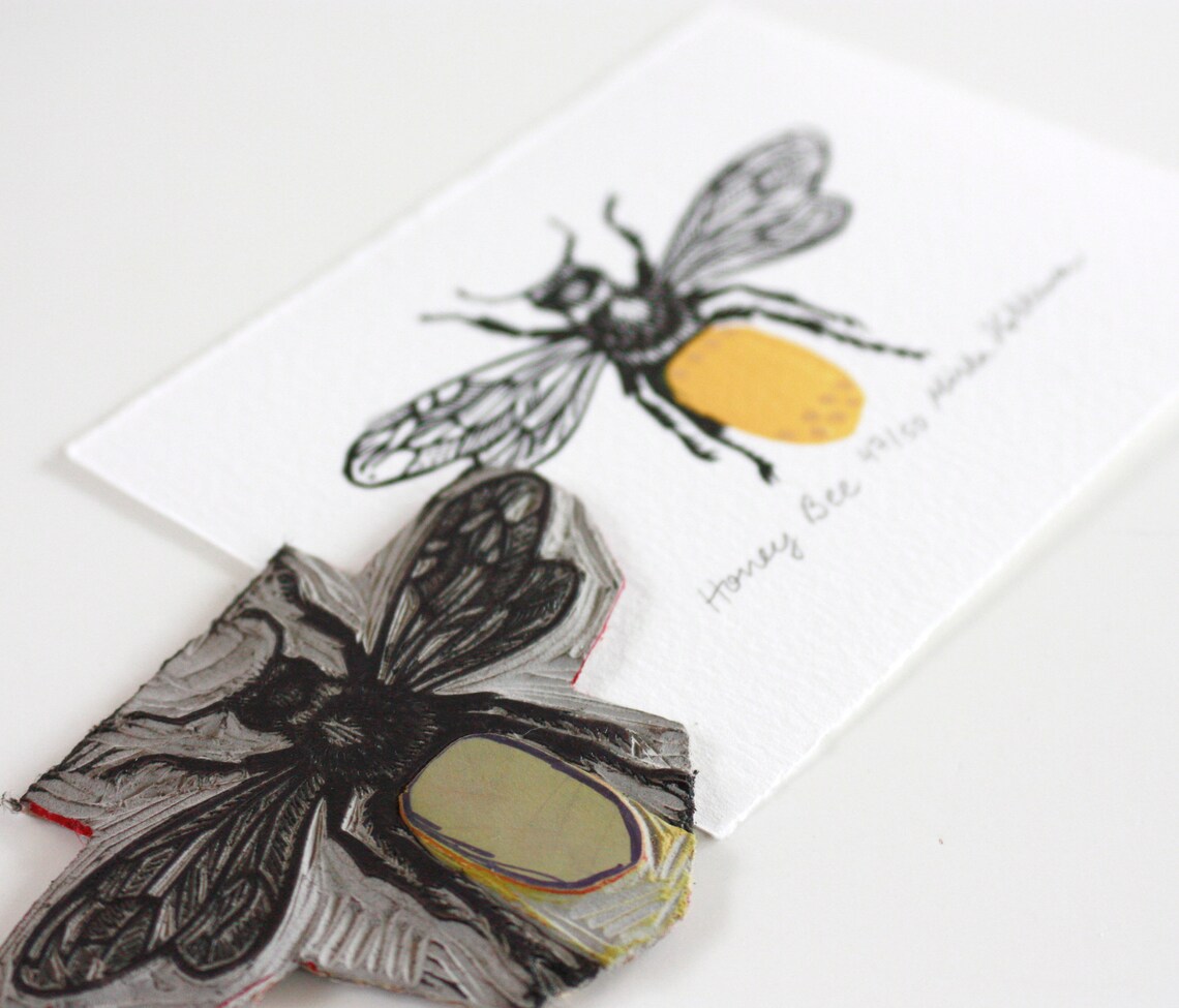 Bee Lino Cut - Original Linoleum Print - Insect Print - Botanical Print ...