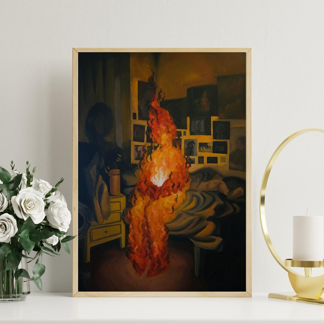 Fiery Human Silhouette Wall Art, Abstract Flame Figure Poster, Burning ...
