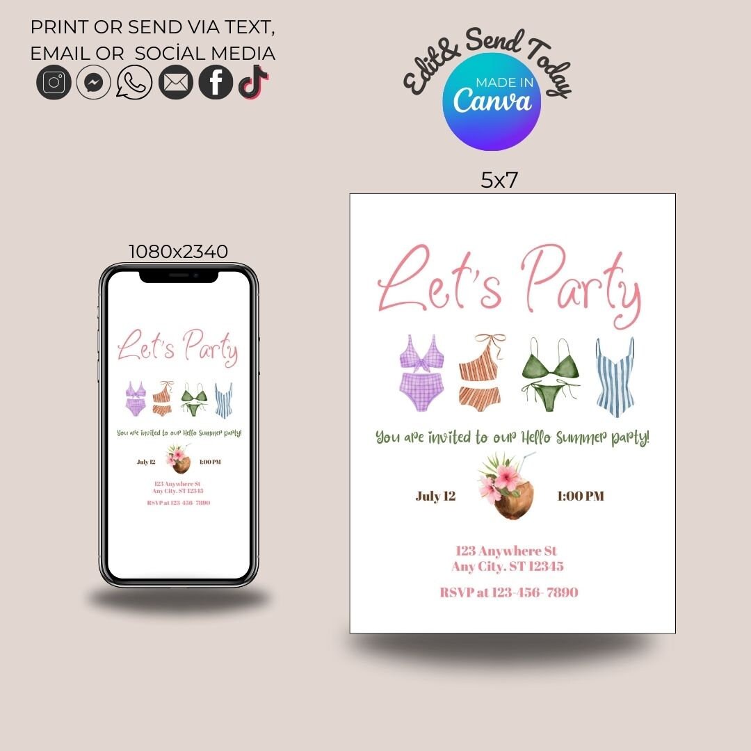 Editable Welcome Summer Party Invitation, Customizable Card, Phone ...