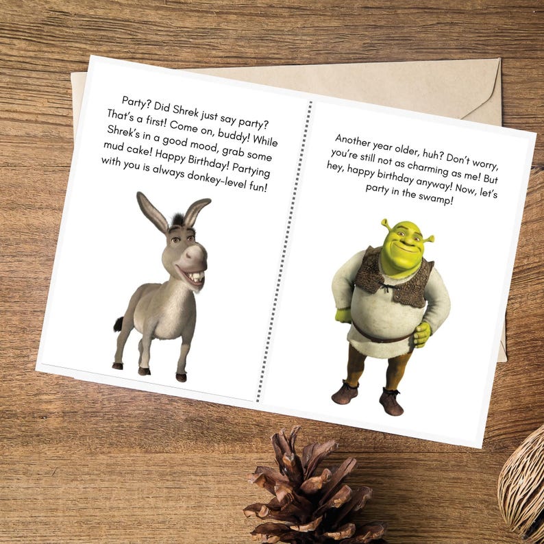 Shrek & Donkey Birthday Card, Foldable Birthday Card, Best Friend ...
