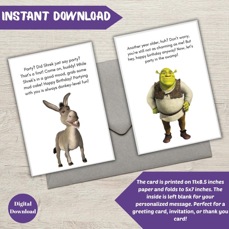 Shrek & Donkey Birthday Card, Foldable Birthday Card, Best Friend ...