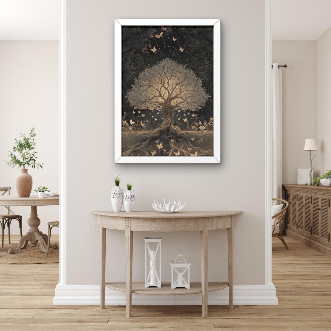 Glowing Gold Tree of Life Dark Canvas Wall Art, Moody Fantasy Nature ...
