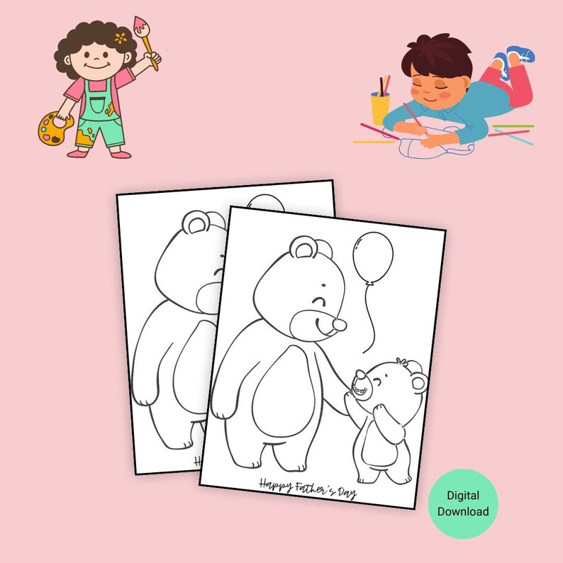 Colorable Bear-themed Father's Day Card - 5x7 Inch and A4 Digital Print ...