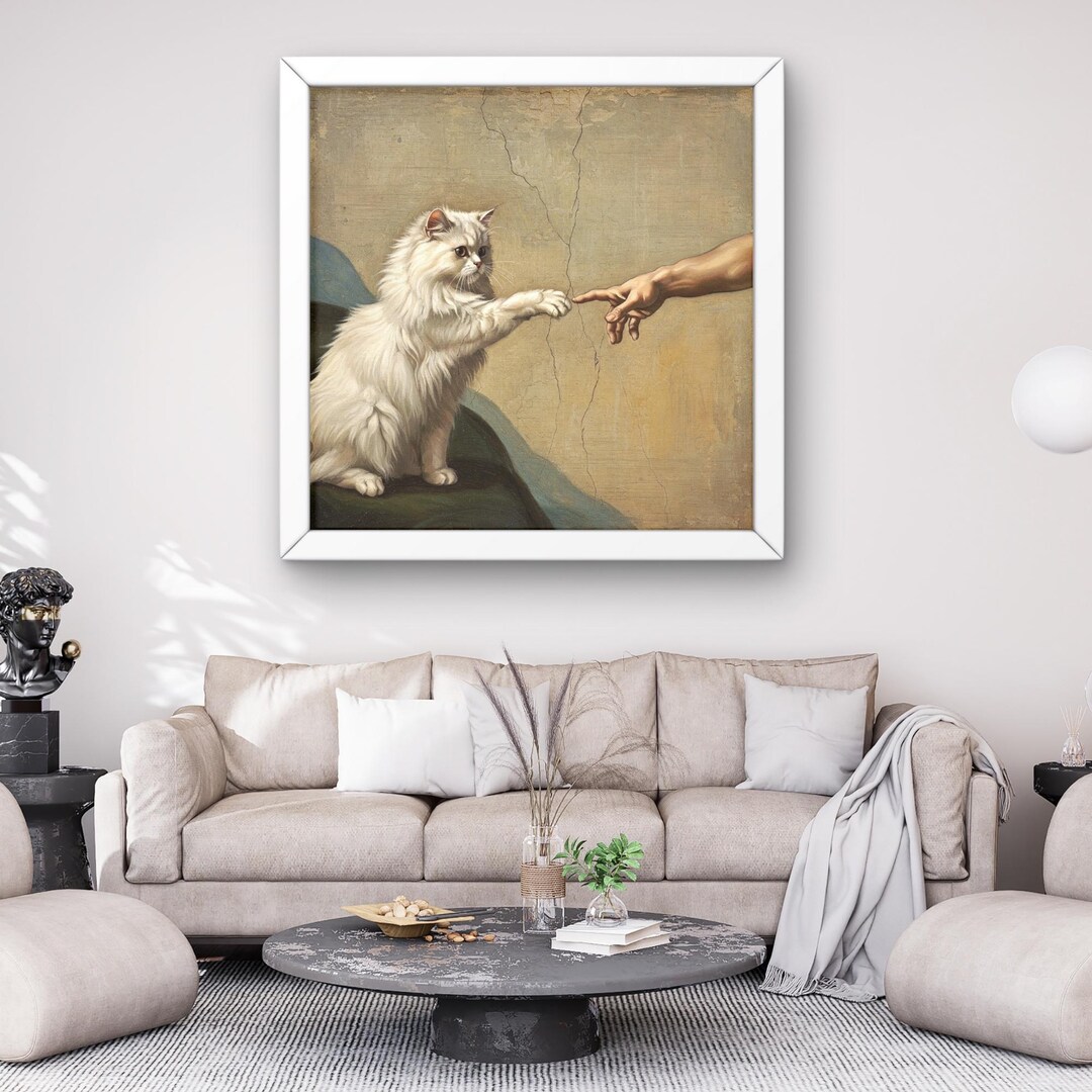 Michelangelo Creation Parody With Cat Canvas Wall Art, Funny ...