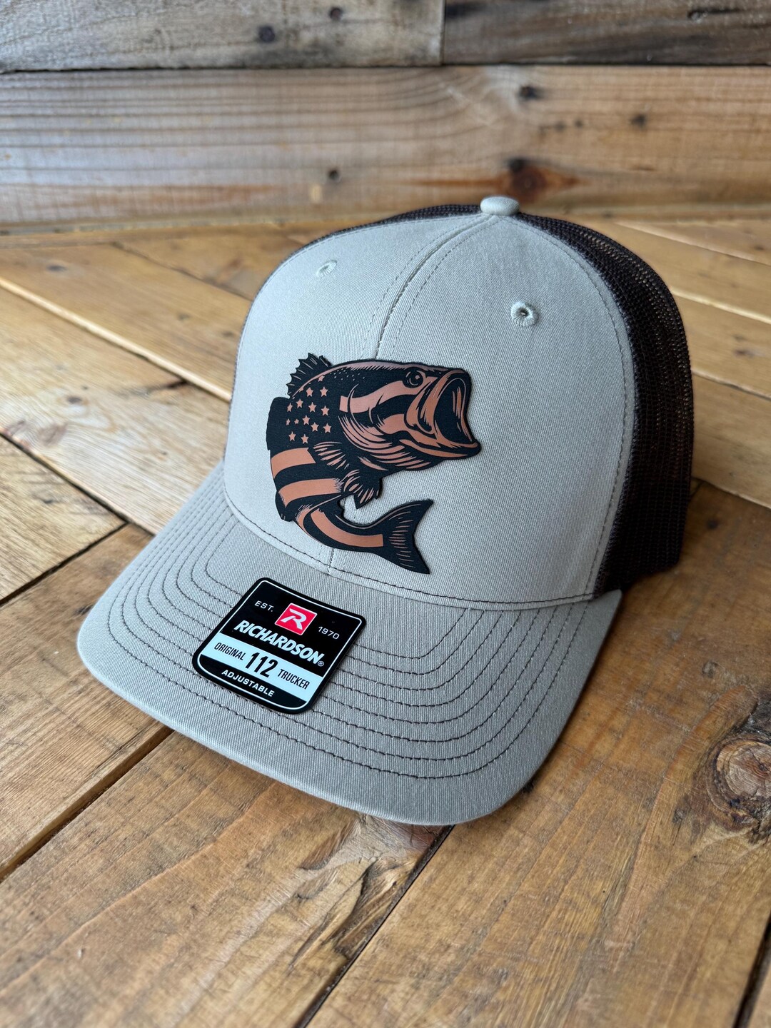 Fish Bass American Flag Leather Patch Trucker Hat Bass Fishing Hat ...