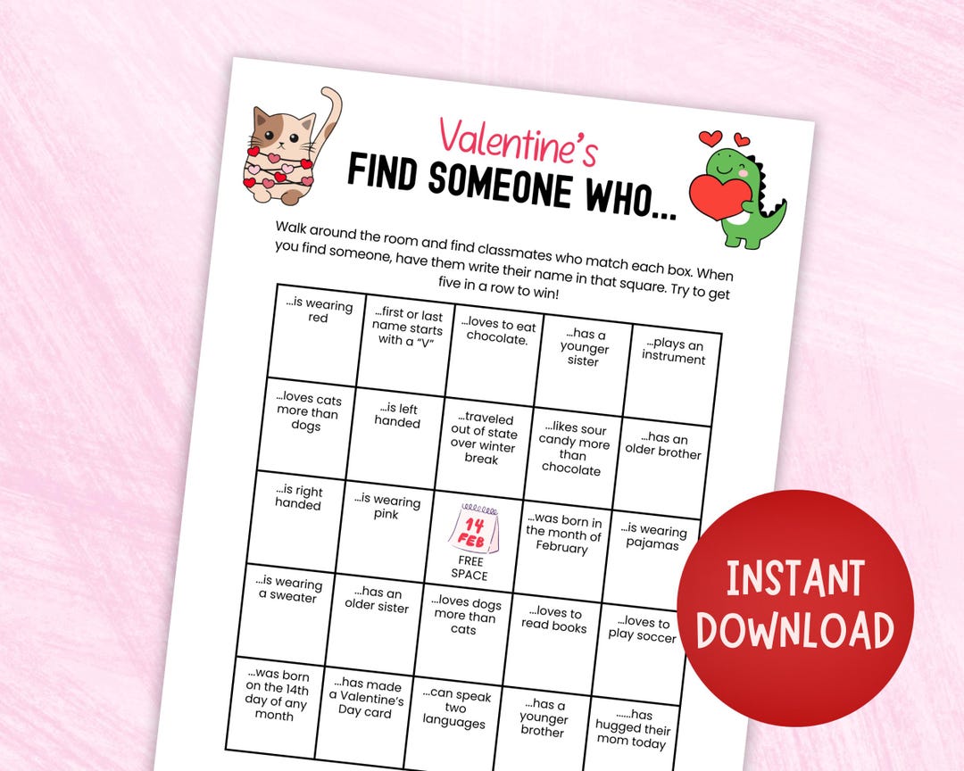 Valentine’s Find Someone Who Game, Classroom Valentine's Day Party ...