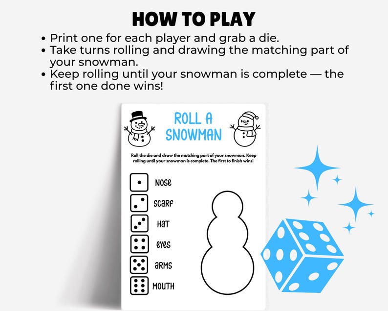 Roll A Snowman Printable Game, Winter Party Dice Activity, School ...