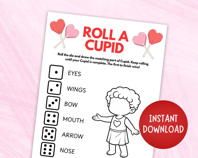 Valentine's Roll a Cupid Game, Valentine Classroom Party Activity, Kids ...