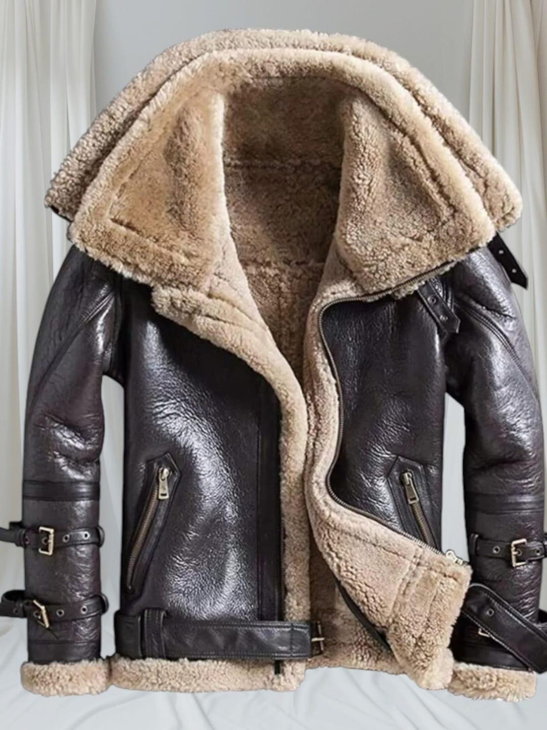 Women's Aviator RAF Bomber Flying Leather Jacket Double Collar Shearling Coat - Etsy