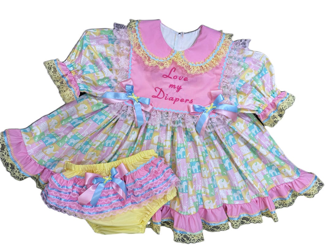 Adult Baby Sissy Abdl Littles LOVE MY DIAPERS Dress Set Embroidered Bib ...
