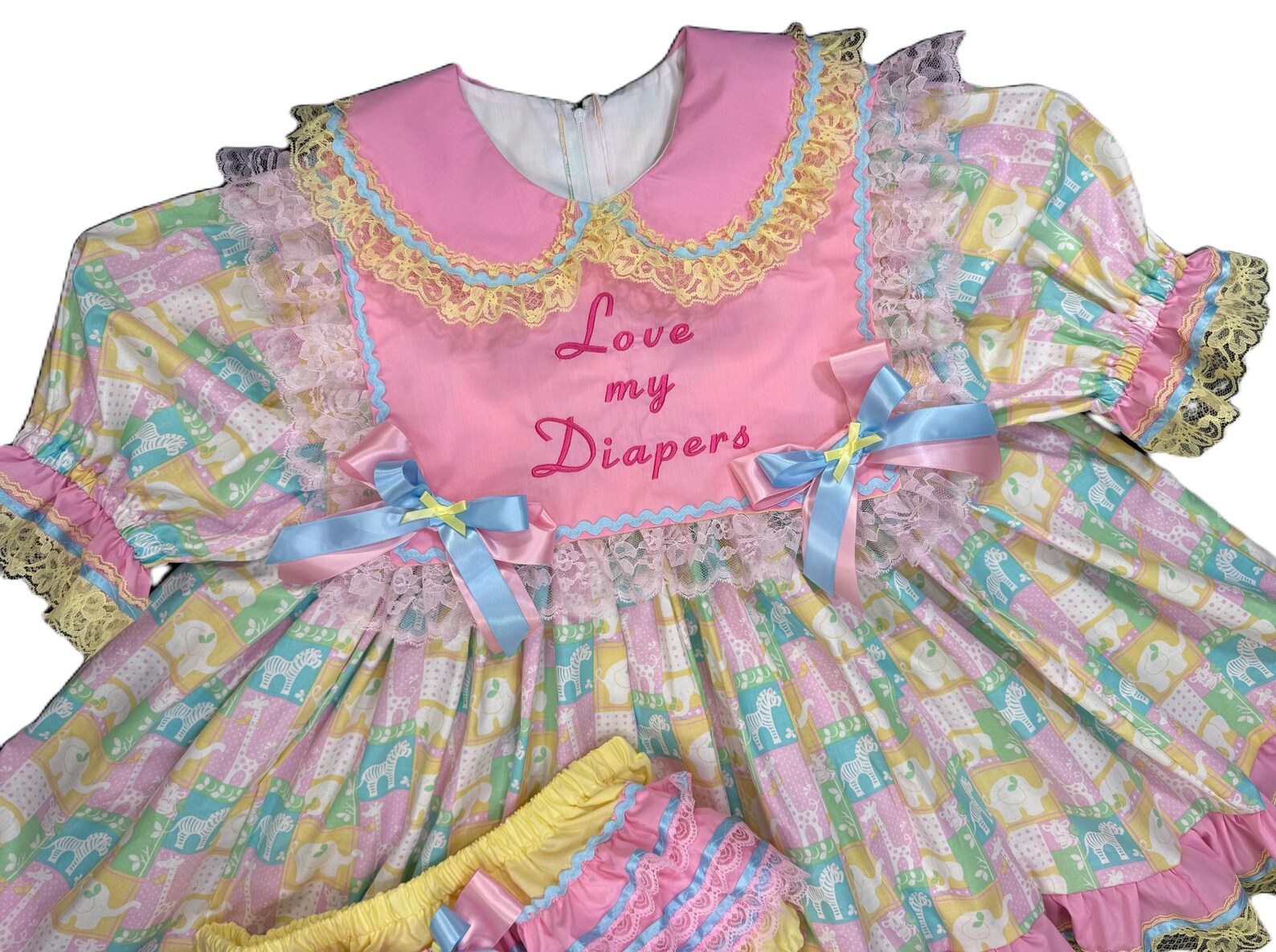Adult Baby Sissy Abdl Littles LOVE MY DIAPERS Dress Set Embroidered Bib ...