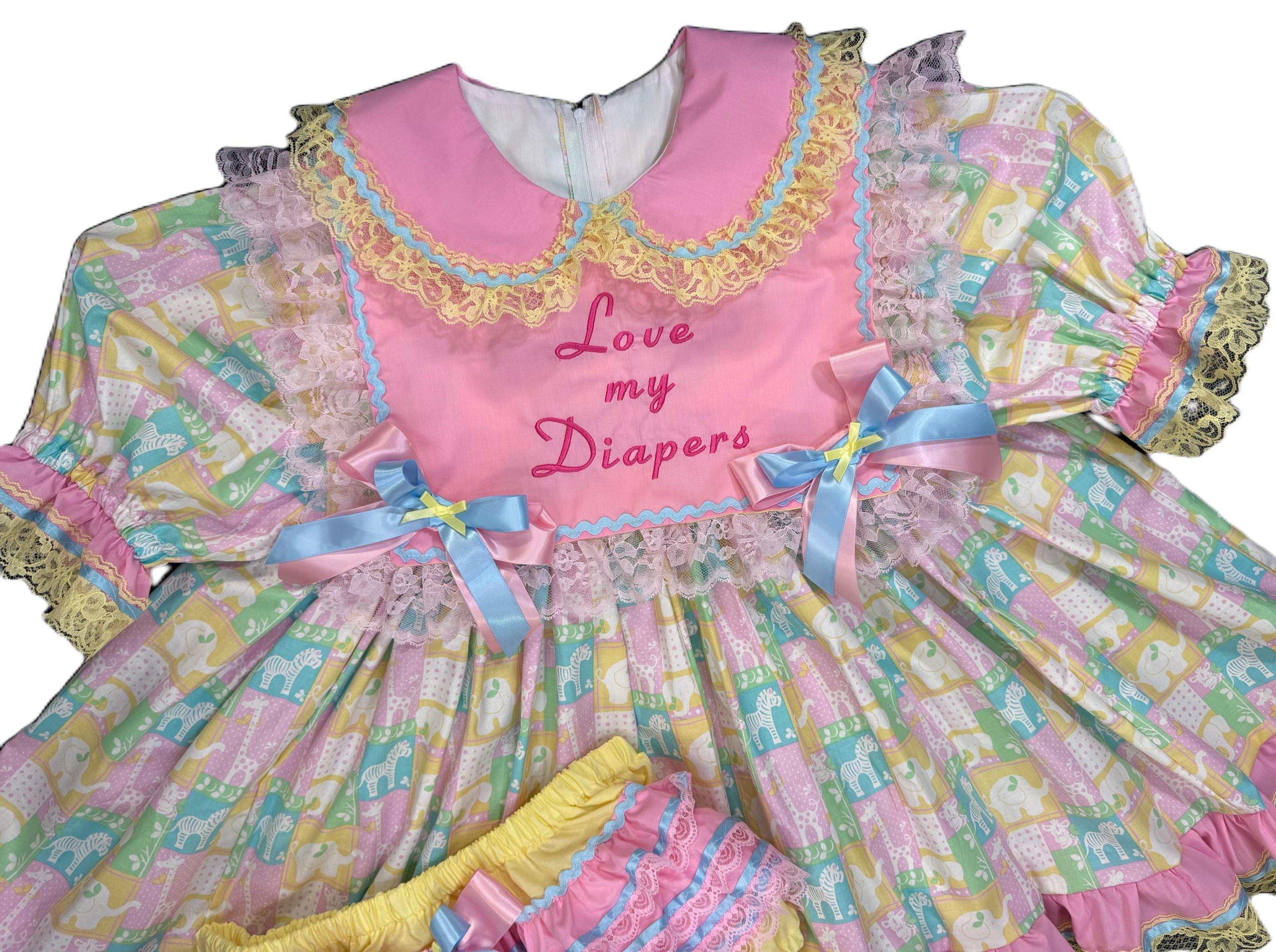 Adult Baby Sissy Abdl Littles LOVE MY DIAPERS Dress Set Embroidered Bib ...