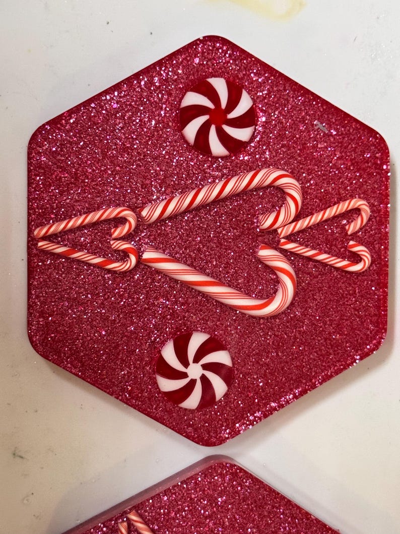 2 Hexagon Shaped Resin Bloom Coasters: Candy Cane Coaster Set, Holiday ...