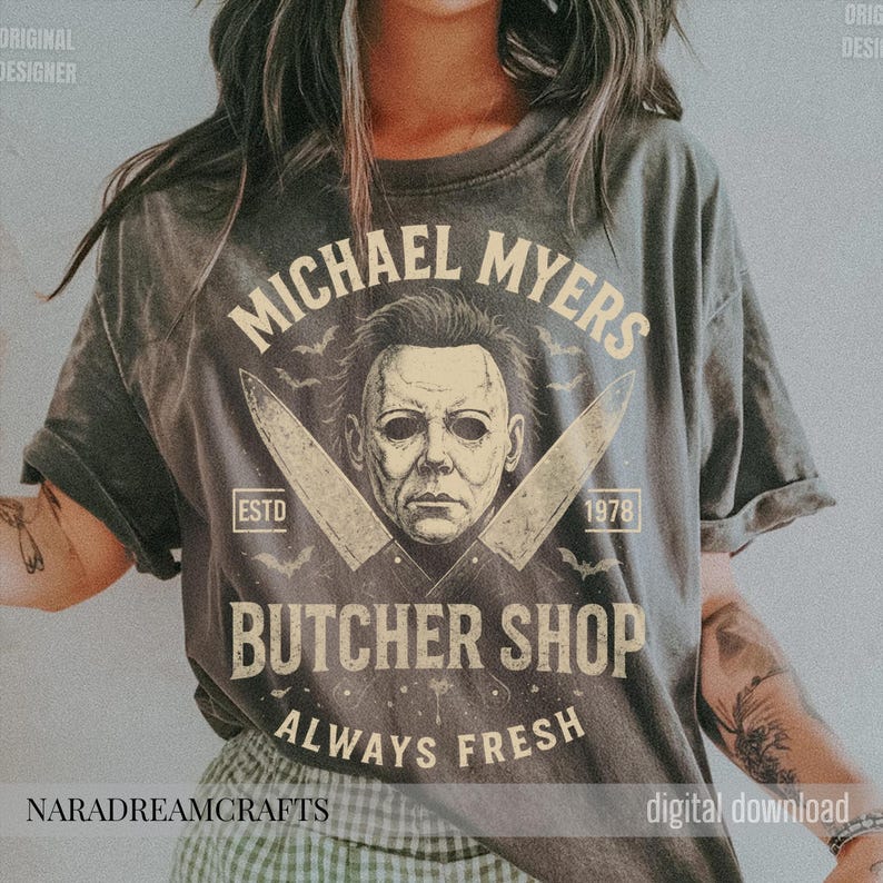 Butcher Shop Horror PNG, Michael Myers Vintage Halloween Shirt PNG ...
