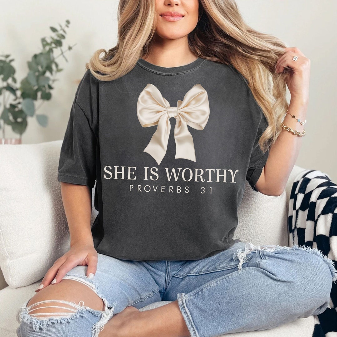 She is Worthy Bow PNG File, Women's Christian Shirts, Cute Christian ...