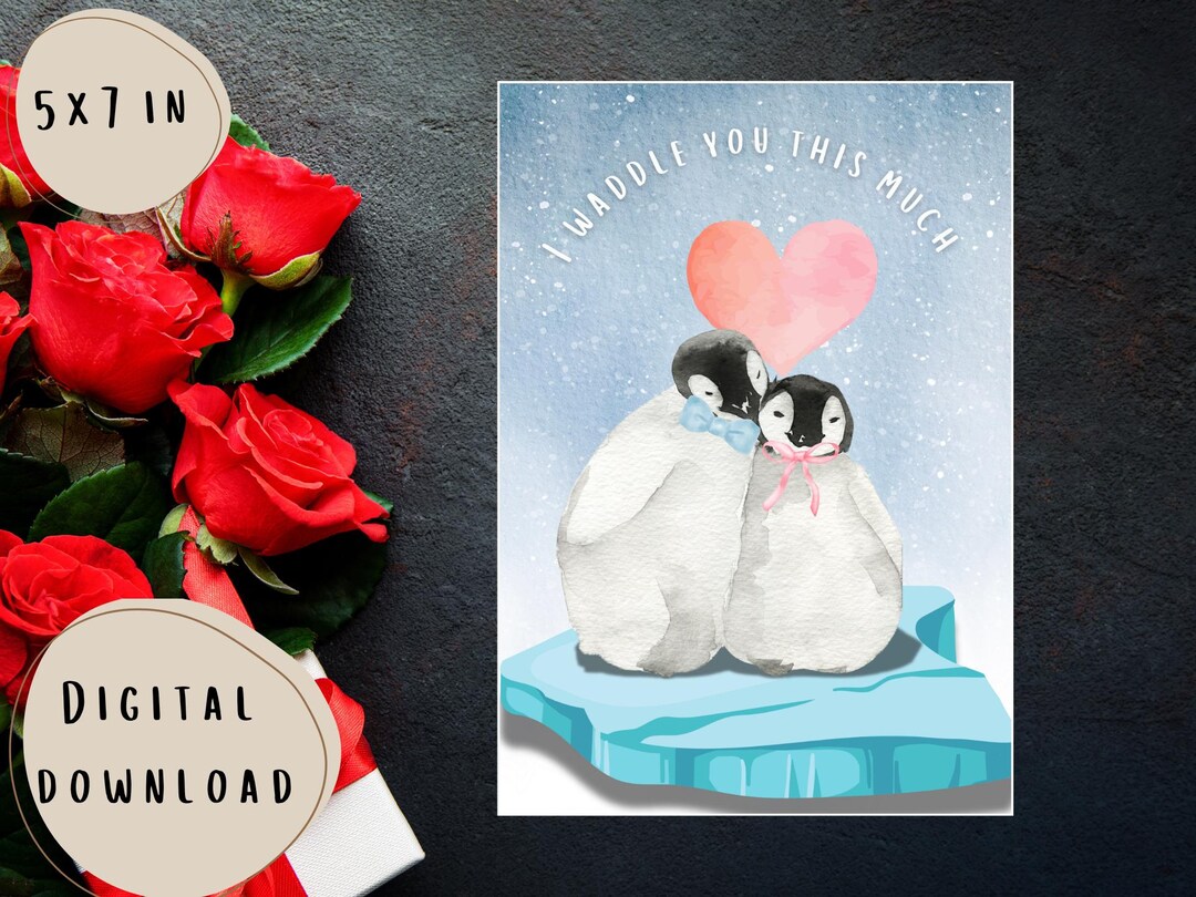 Printable Penguin Valentine's Day Card Gift, Cute Valentine's Card, 5x7 ...
